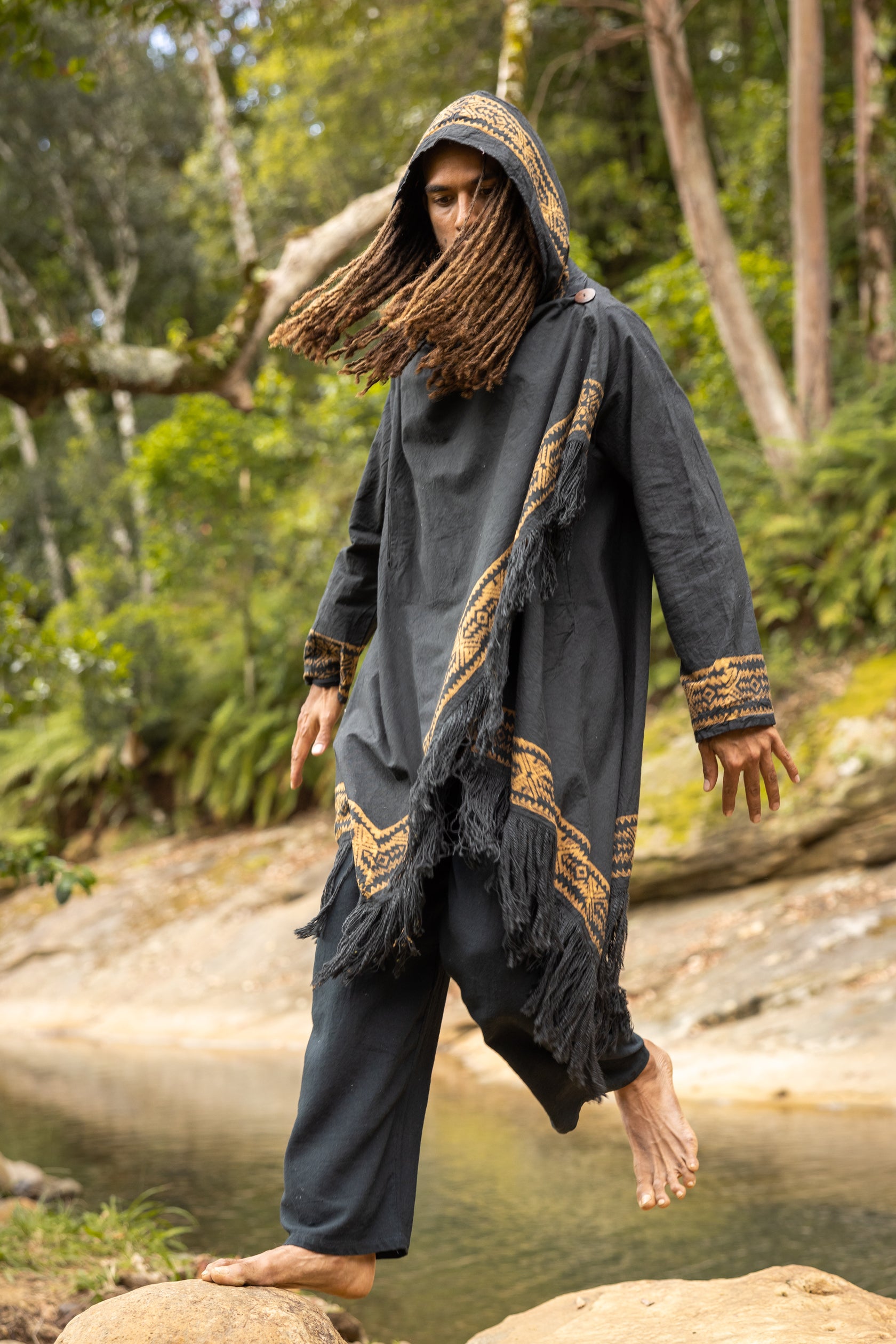 JUBBA Black Men's Hooded Cloak Long Sleeve Poncho Jacket Festival Trib