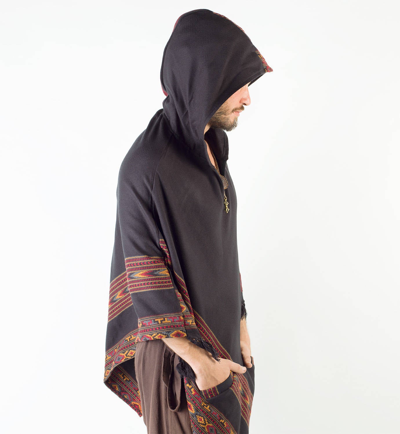 Black Mens Poncho | Yak Wool | Handmade with Large Hood – AJJAYA
