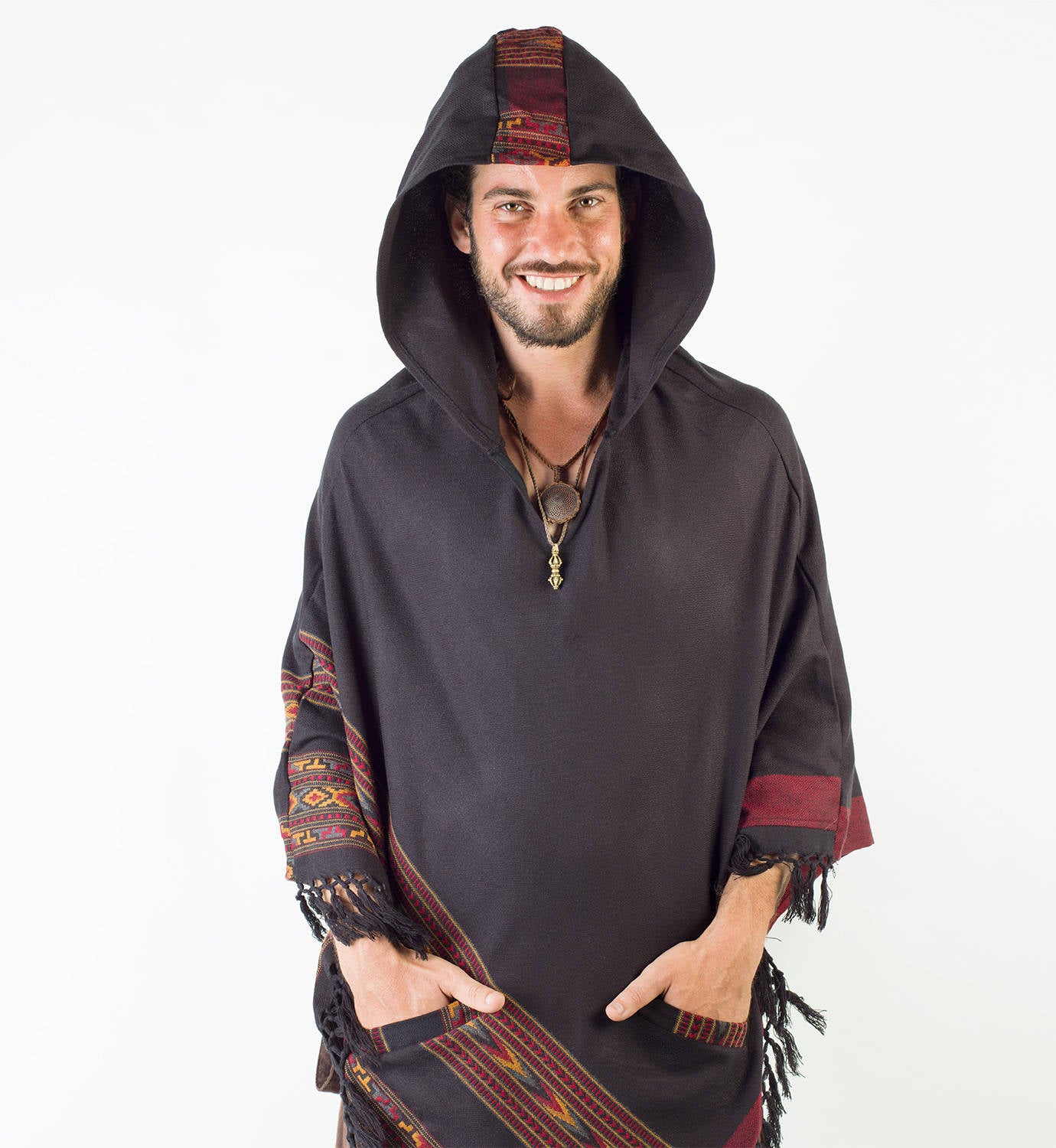 Black Mens Poncho | Yak Wool | Handmade with Large Hood – AJJAYA