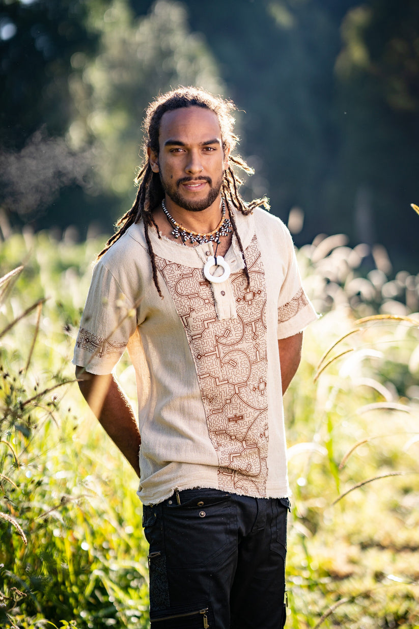 Mens WASKA Top Beige Brown Shaman Pattern T Shirt – AJJAYA