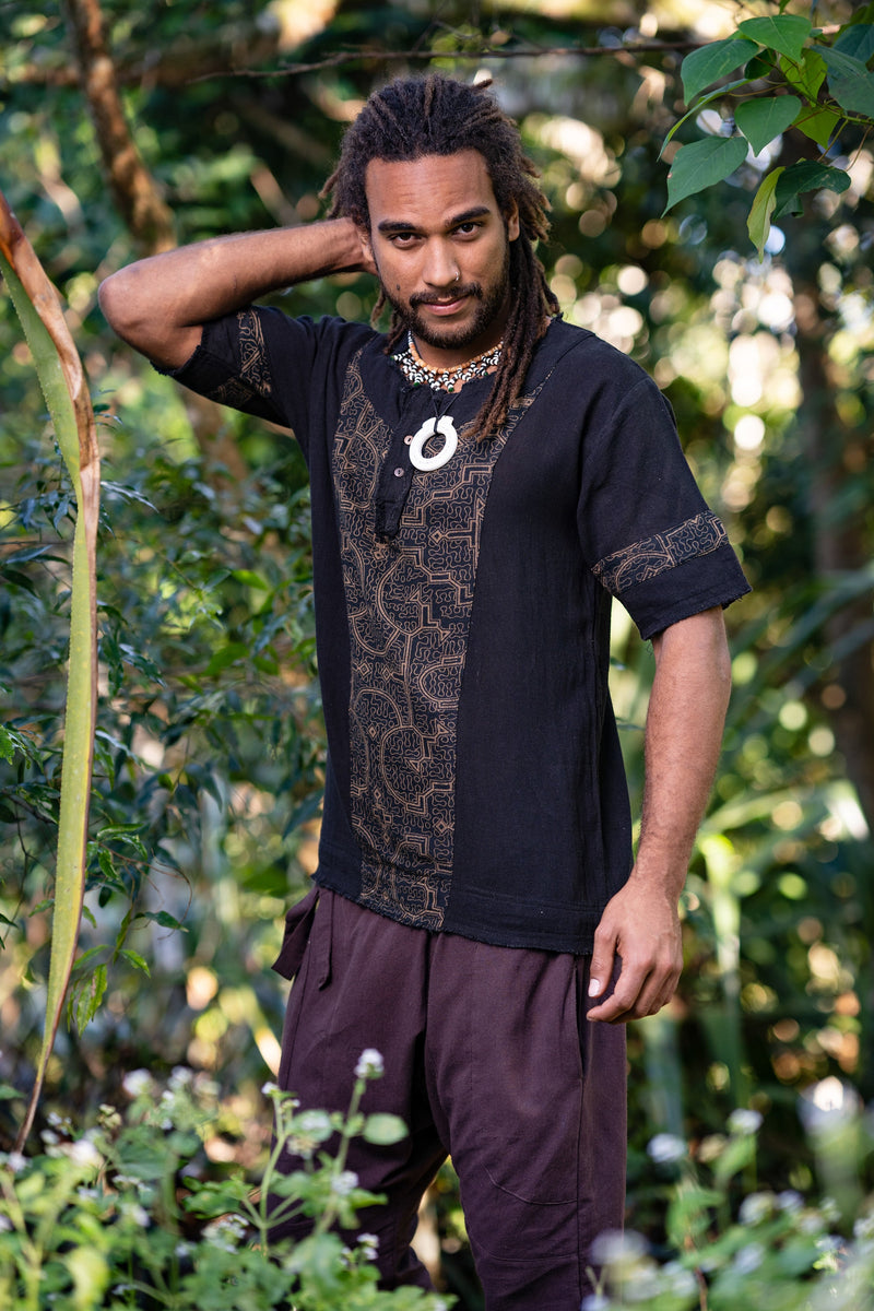 Mens WASKA Top Black Sacred Plant Shipibo | AJJAYA