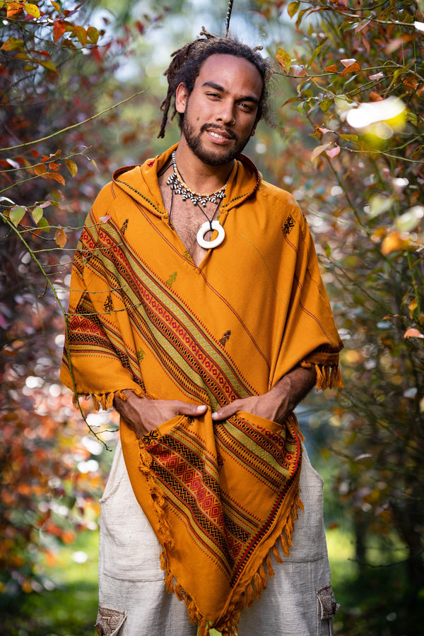 HODDI Mens Hooded Poncho Curry Orange Pockets Tribal Embroidery Celtic