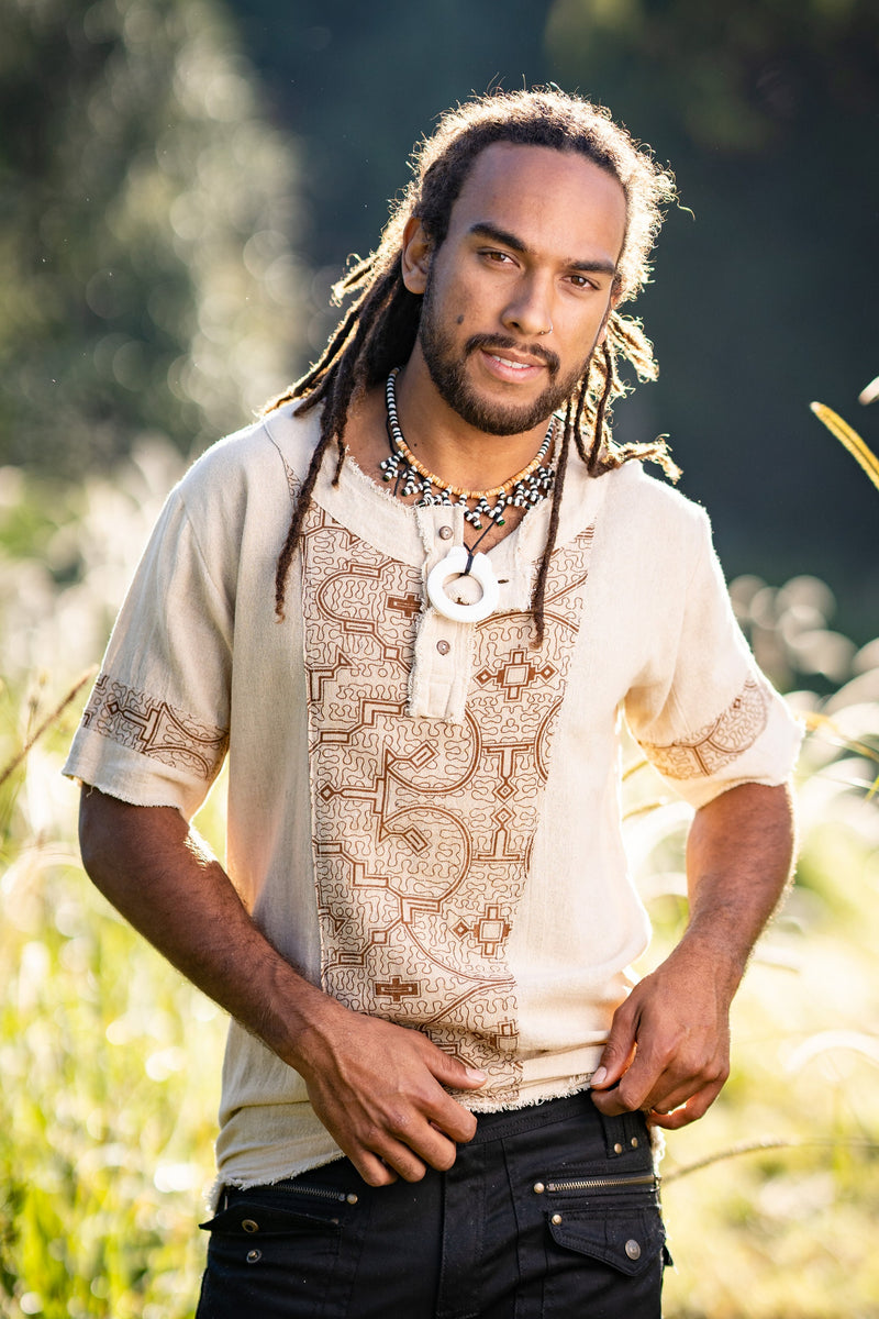 Mens WASKA Top Black Sacred Plant Shipibo | AJJAYA