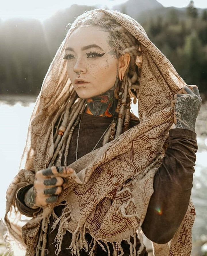 Cotton Scarf | Shipibo Shawl | Beige Sacred Pattern - AJJAYA