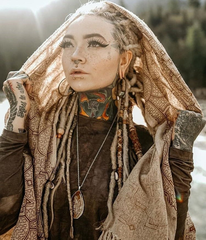 Cotton Scarf | Shipibo Shawl | Beige Sacred Pattern - AJJAYA