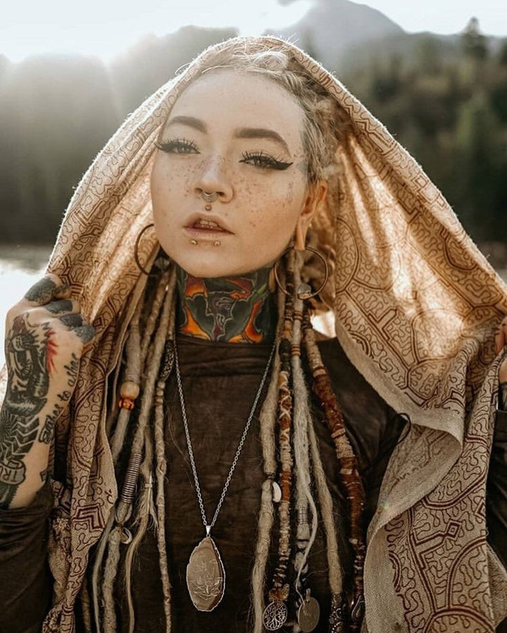 Cotton Scarf | Shipibo Shawl | Beige Sacred Pattern - AJJAYA