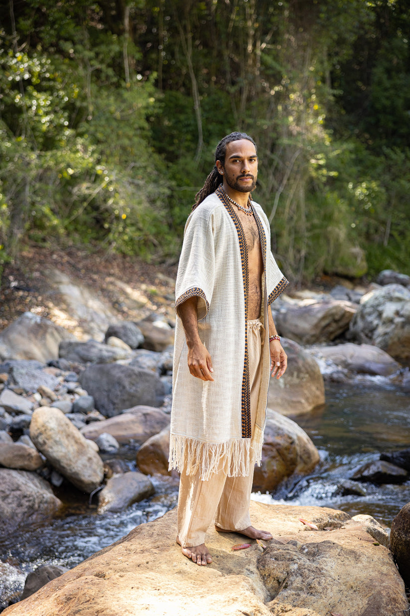 BUNTU Beige Kimono Robe Handmade Tribal | AJJAYA