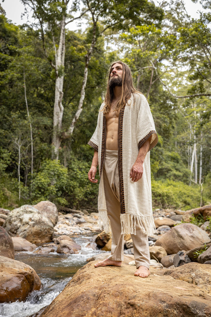 BUNTU Beige Kimono Robe Handmade Tribal | AJJAYA