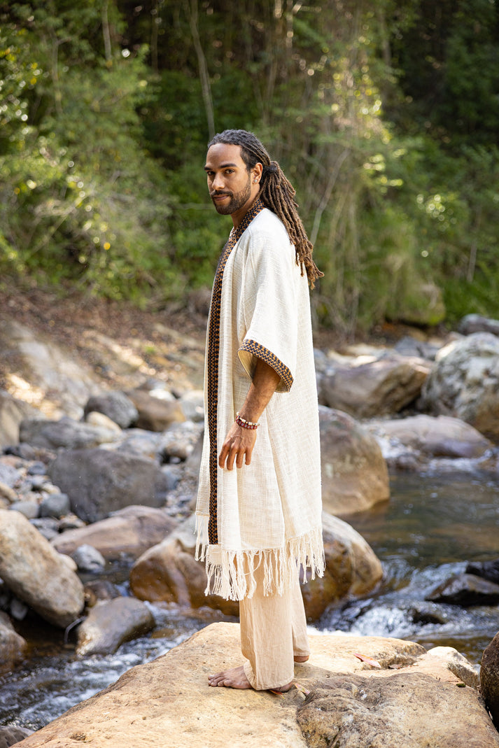 BUNTU Beige Kimono Robe Handmade Tribal | AJJAYA
