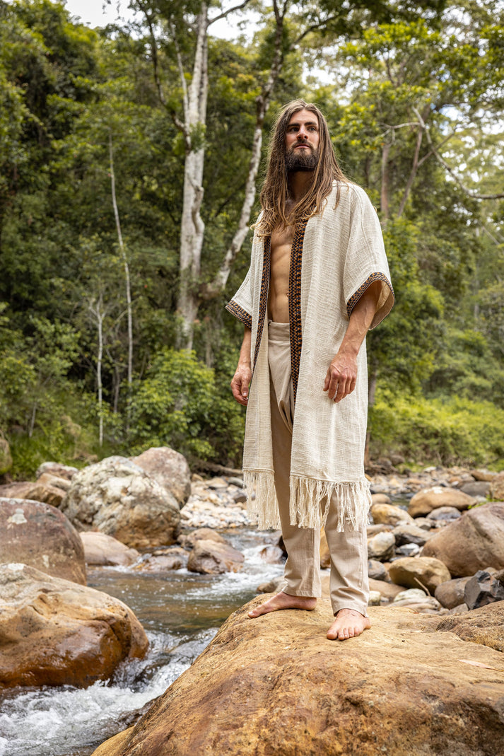 BUNTU Beige Kimono Robe Handmade Tribal | AJJAYA