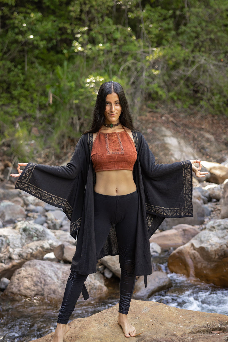 NAAMI Black Cotton Kimono Robe Wrap Light Soft Natural – AJJAYA