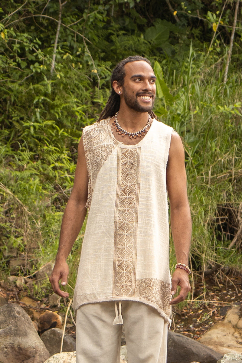AKAU Mens Beige Tank Top Sleeveless Shirt Shipibo | AJJAYA