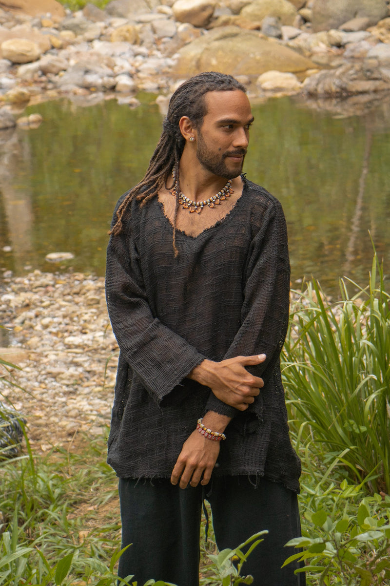 KUNTU Shirt Black Netted Top Cotton Semi See-through – AJJAYA