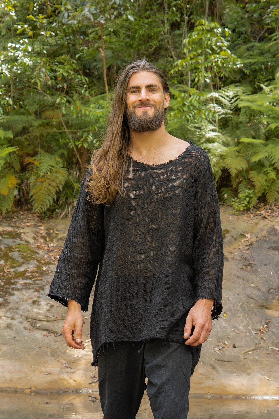 KUNTU Shirt Black Netted Top Cotton Semi See-through