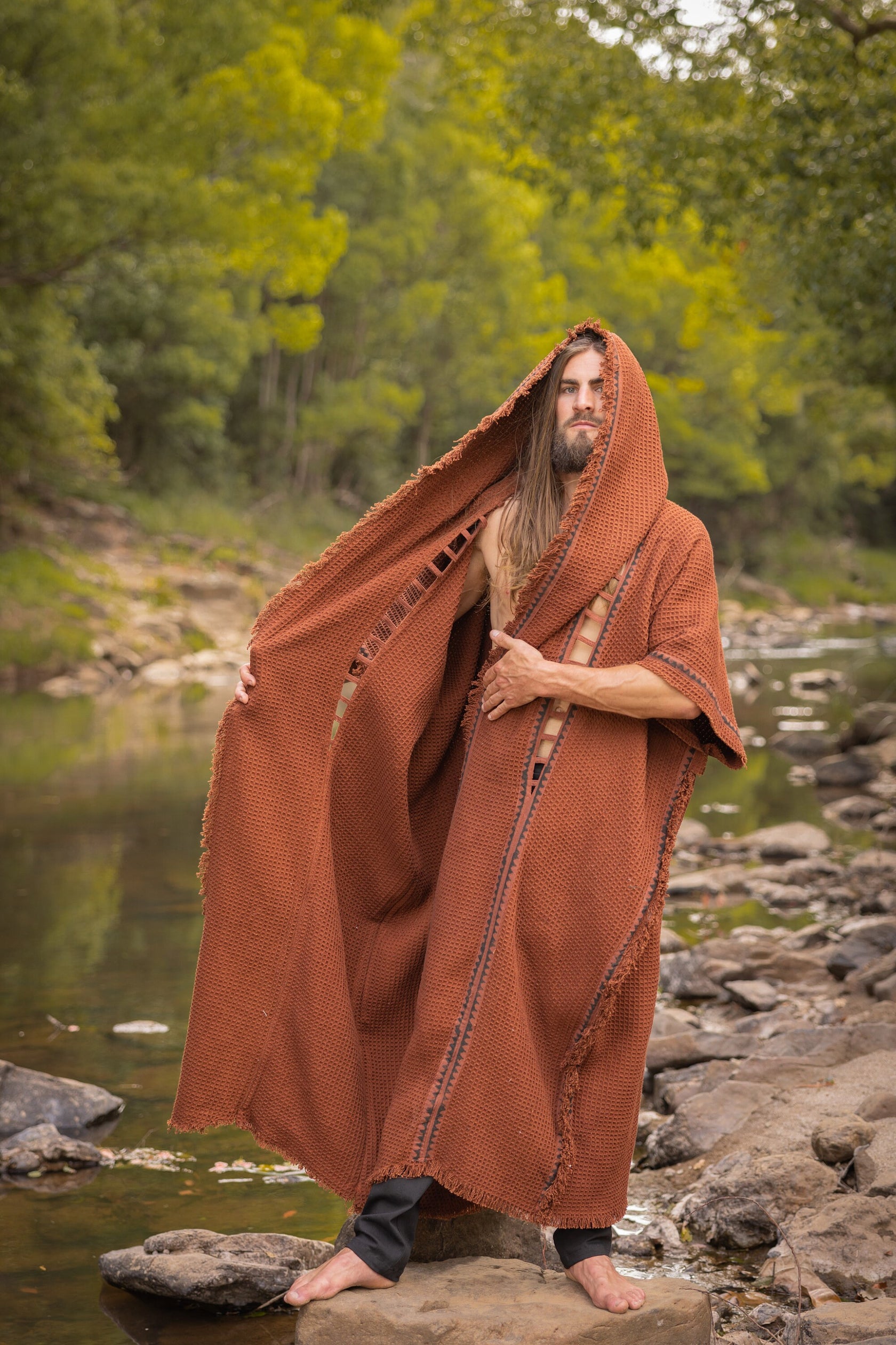 MAGOS WIZARD Long Rustic Orange Mens Hooded Kimono Vest – AJJAYA