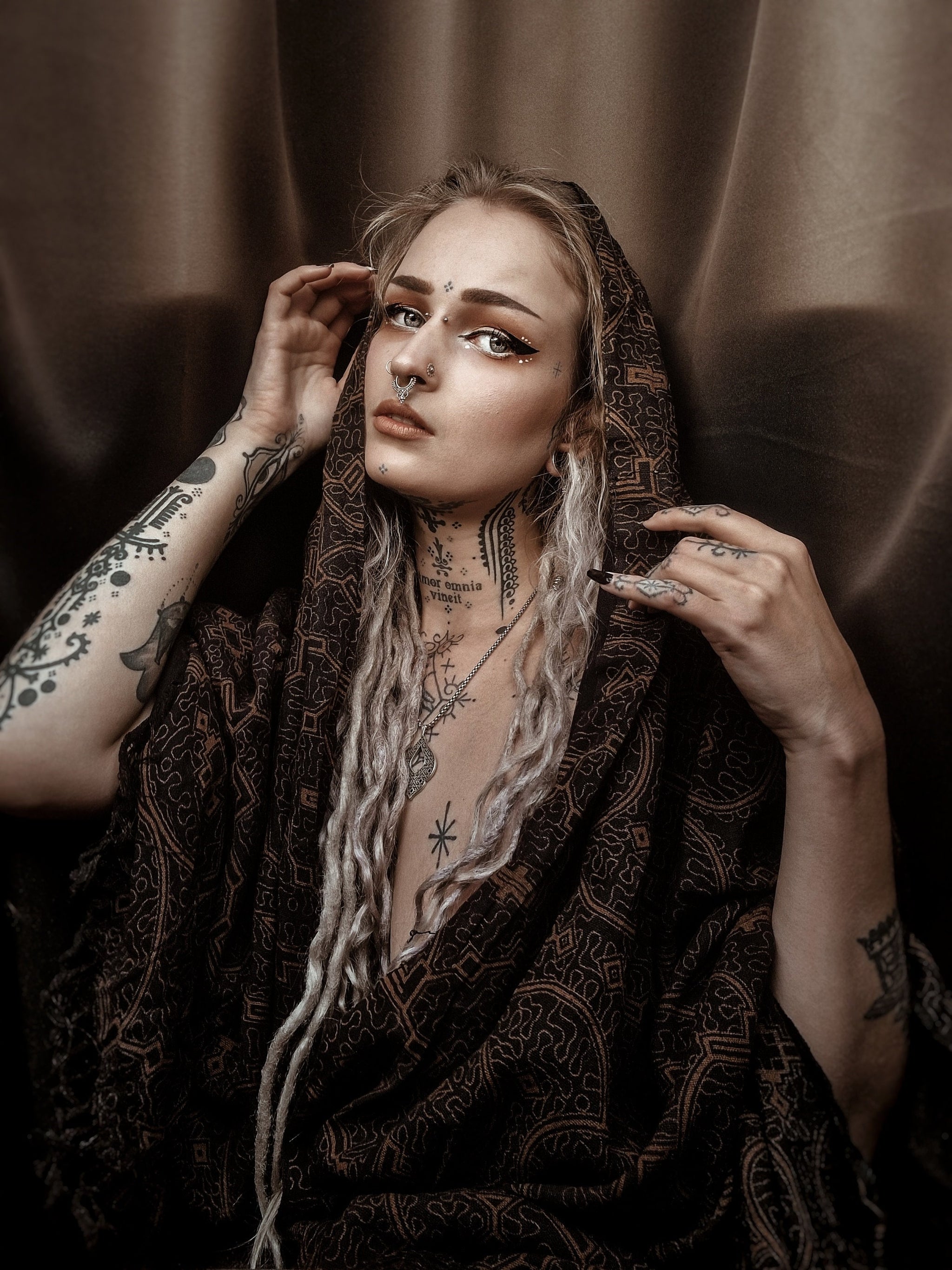 SHIPIBO Cotton Scarf Black Gold Shawl Sacred Geometry Icaro Pattern Fe